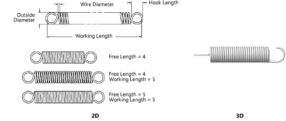 Extension springs: Front view and 3D